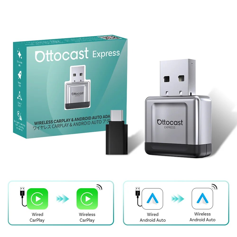 Беспроводной адаптер Ottocast Mini Gem CarPlay, интеллектуальный USB-адаптер Android Auto, подключение и использование без установки драйверов, совместим с автомобилями Volvo, Toyota, Jeep, Volkswagen и другими моделями.