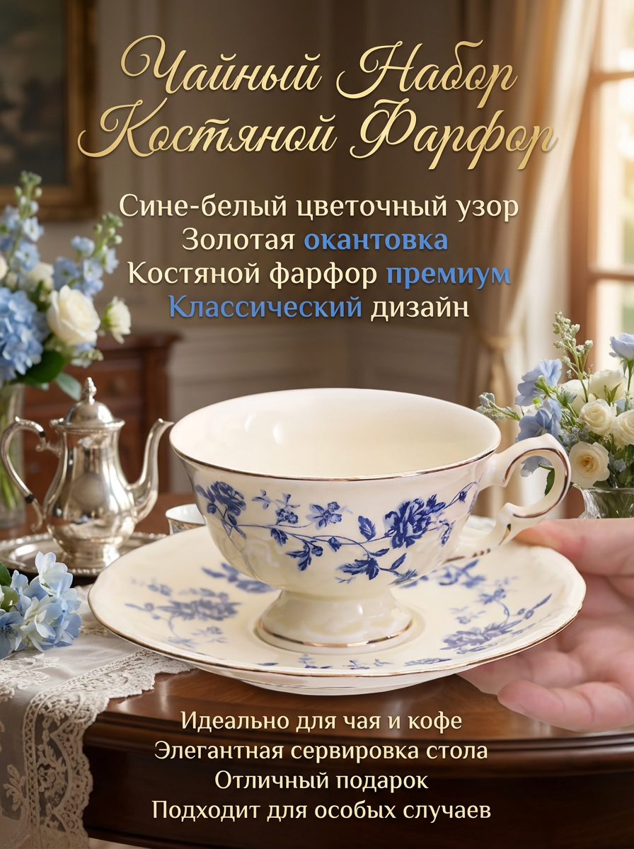Чайная пара винтажный стиль, синие цветы, керамика, 225 мл, ретро стиль