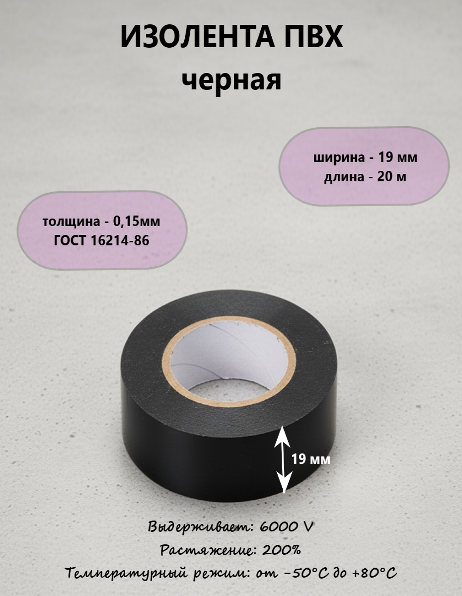 Изолента ПВХ 0,13*19мм 20м черная, нзэтк, электроизоляционная