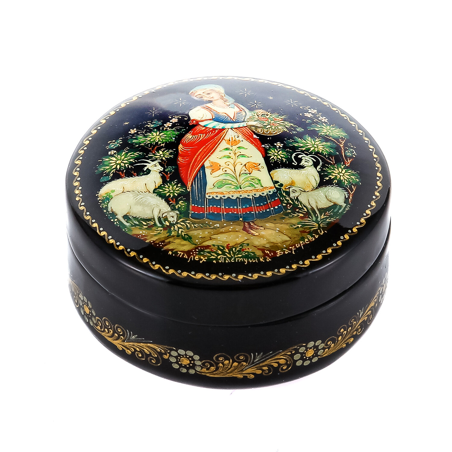 0070115-5*5см Лаковая миниатюра Палех шкатулка "пастушка" Бахирева