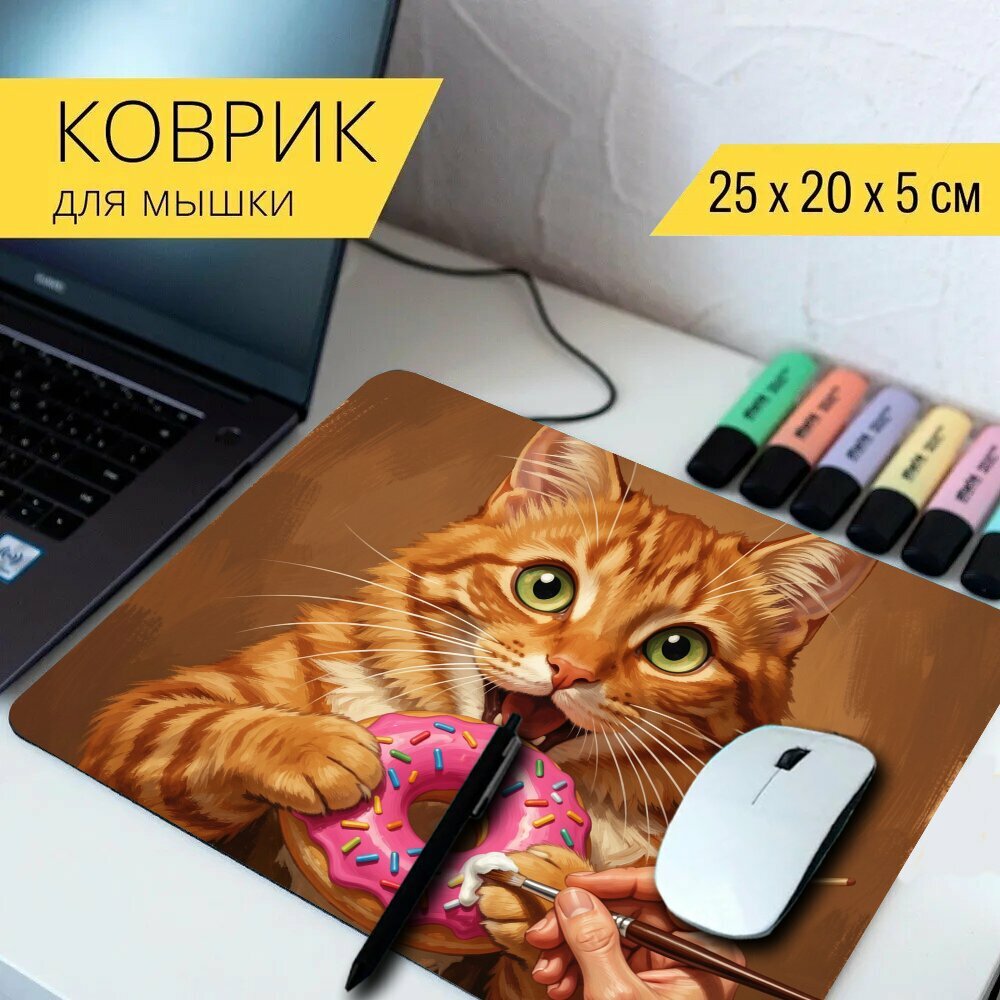 Коврик для мыши с принтом "Рыжий кот с пончиком. Яркая иллюстрация пушистого полосатого питомца с большими зелёными глазами, держащего розовую глазированную выпечку. Тёплые." 25x20см.
