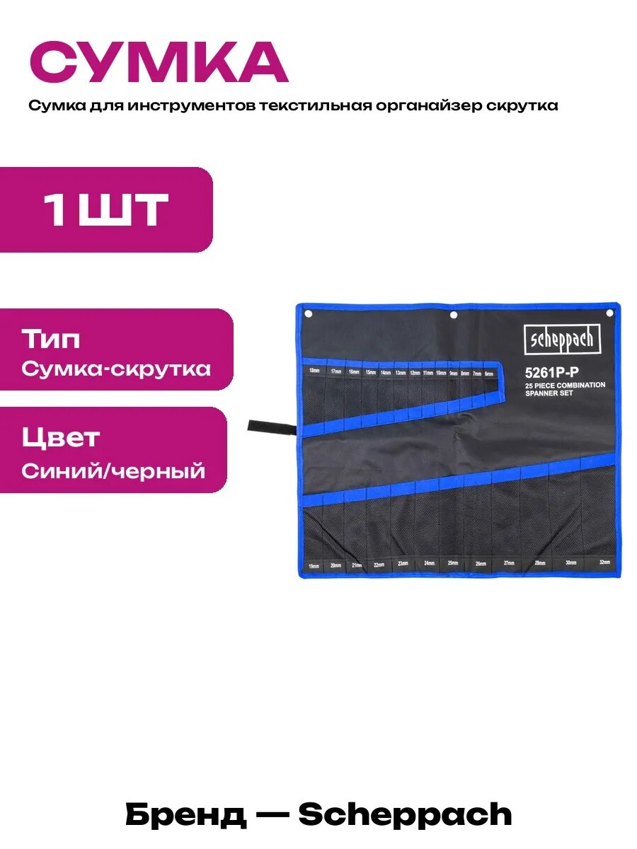 Сумка скрутка для гаечных ключей текстильная черная синяя