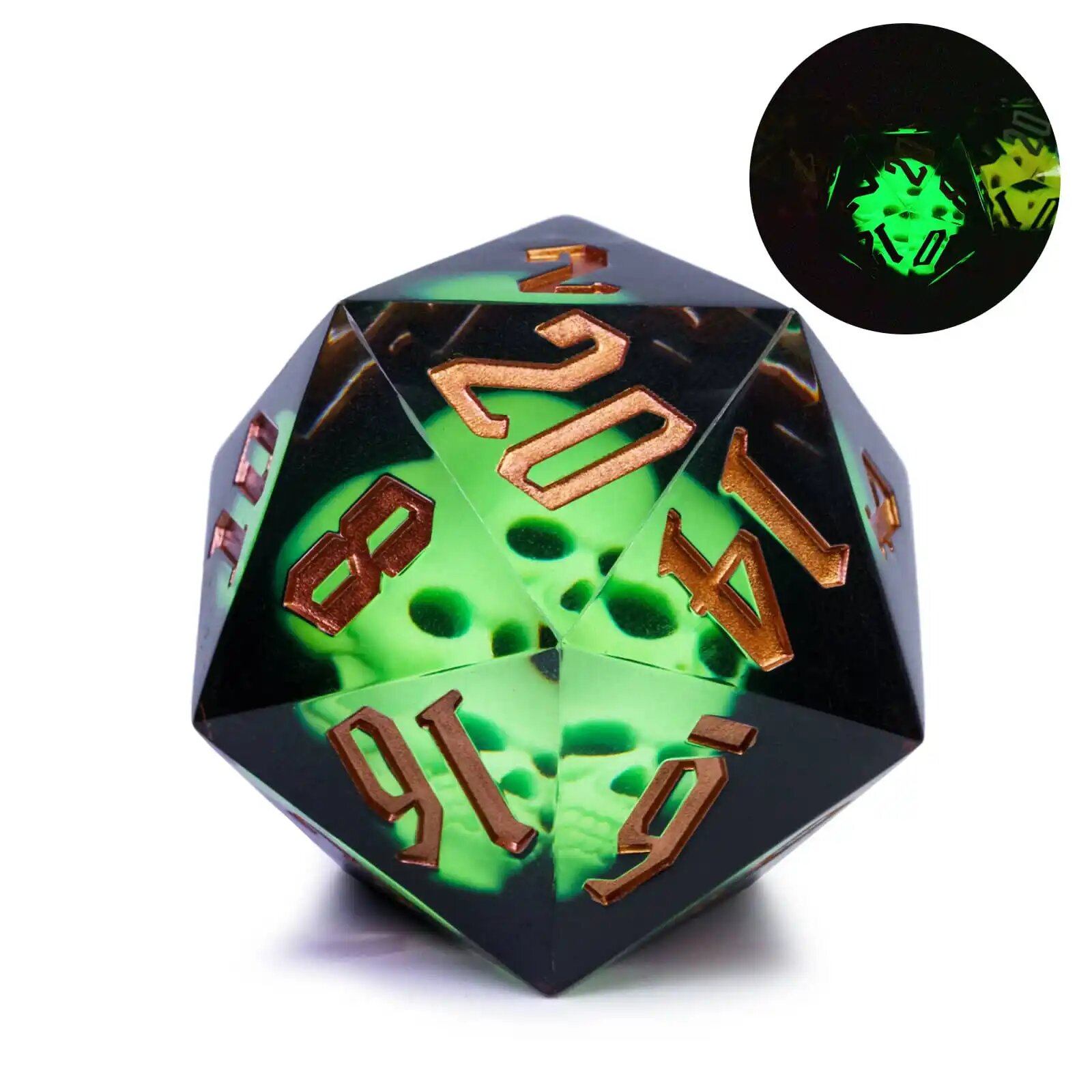 Изумрудный D20 кубик с черепом, Green
