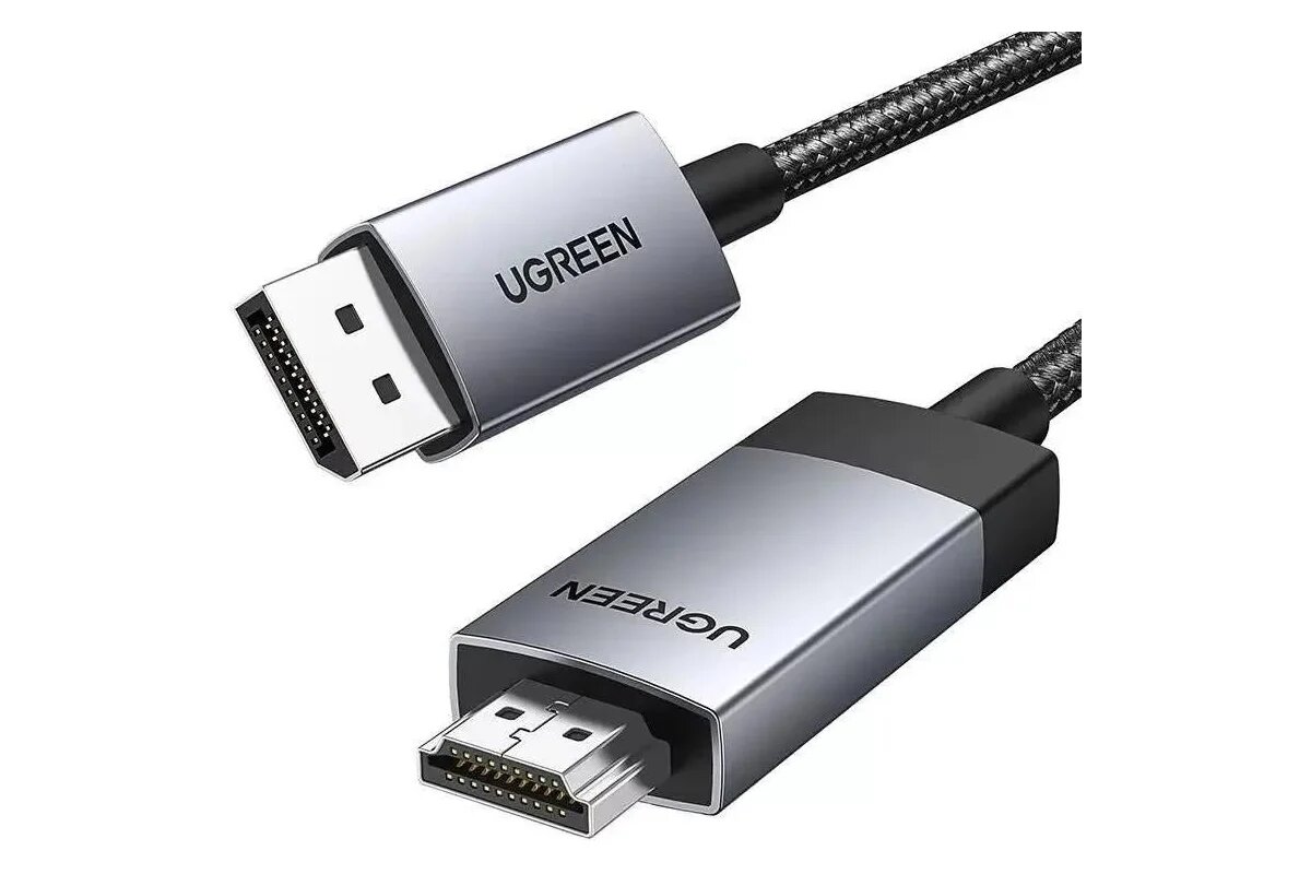 Кабель DisplayPort‑HDMI 4K Ultra HD от UGREEN DP119, длина 1 м, черно‑серебристый цвет, металл/нейлон, поддержка аудио и видео сигнала.