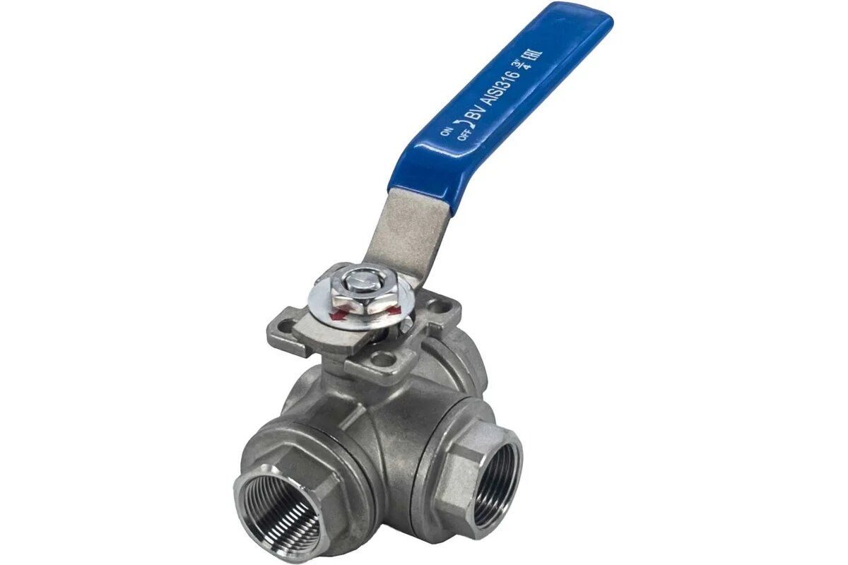 Кран шаровый трёхходовой L‑тип NEWKEY AISI316 DN20 3/4” PN64 для воды и воздуха с синей флажковой ручкой и резьбовым соединением