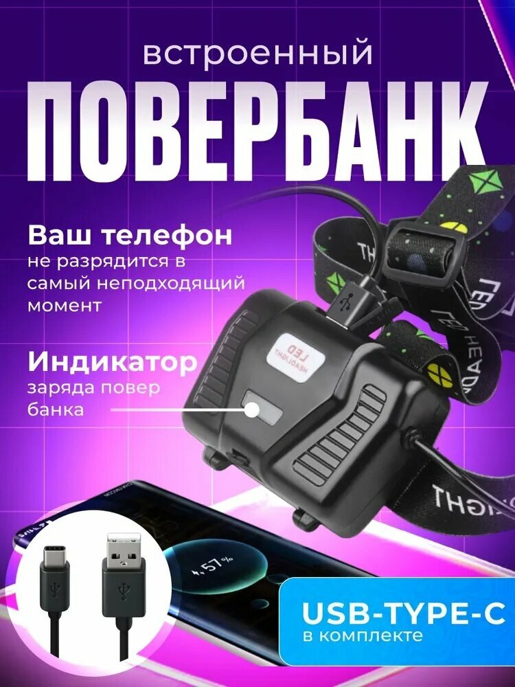 Налобный фонарь с USB Type-C и дальностью освещения 500м, аккумуляторный