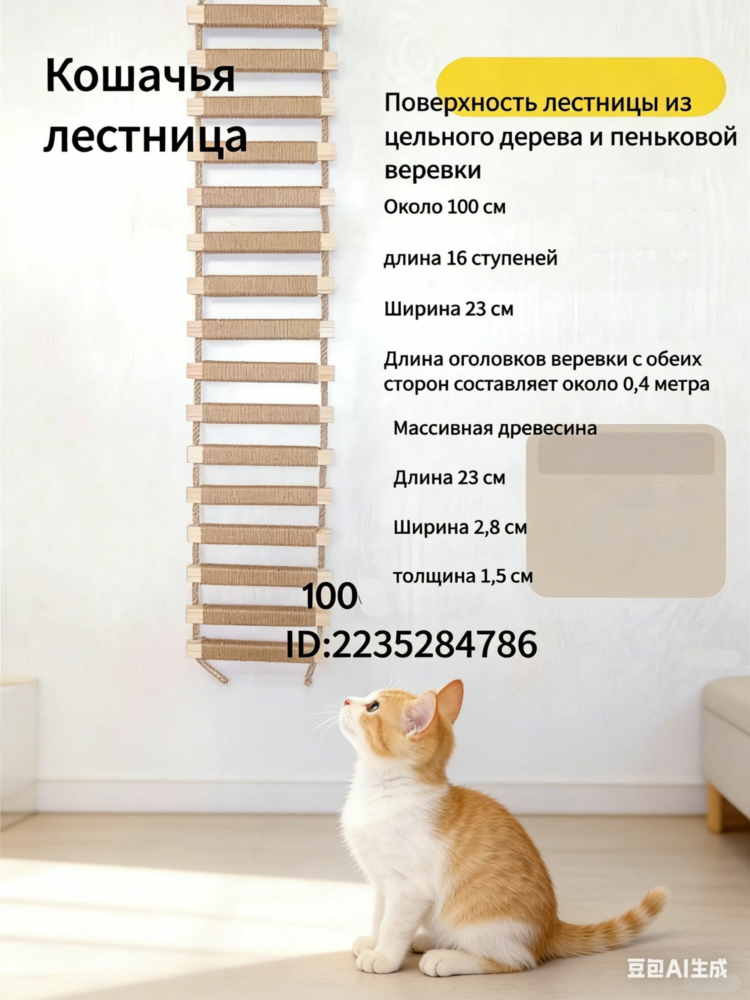 Кошачья лестницаmИгровой комплекс для кошек с сизалевой веревкой, настенный мостик, полка для отдыха, лесенка-тренажер, натуральное дерево100*25CM