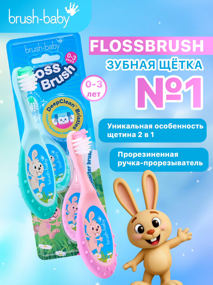 Детская зубная щетка Brush-Baby FlossBrush, 0-3 года, 2 шт, бирюзовая+розовая