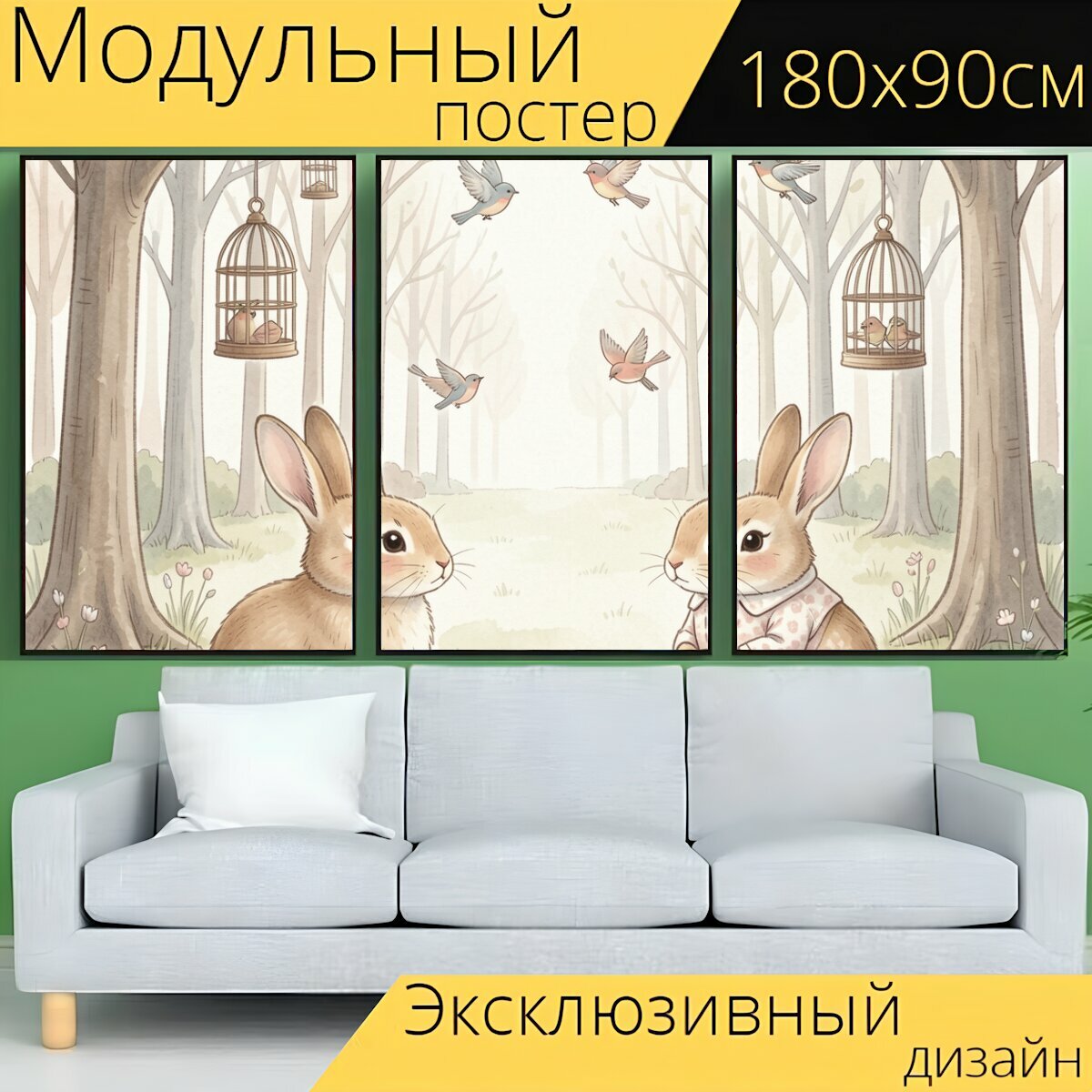 Модульный постер "Лесные зайцы и птицы. Нежная акварельная лесная сцена с двумя милыми кроликами, летящими птичками, деревьями." 180 x 90 см. для интерьера на стену в тубусе