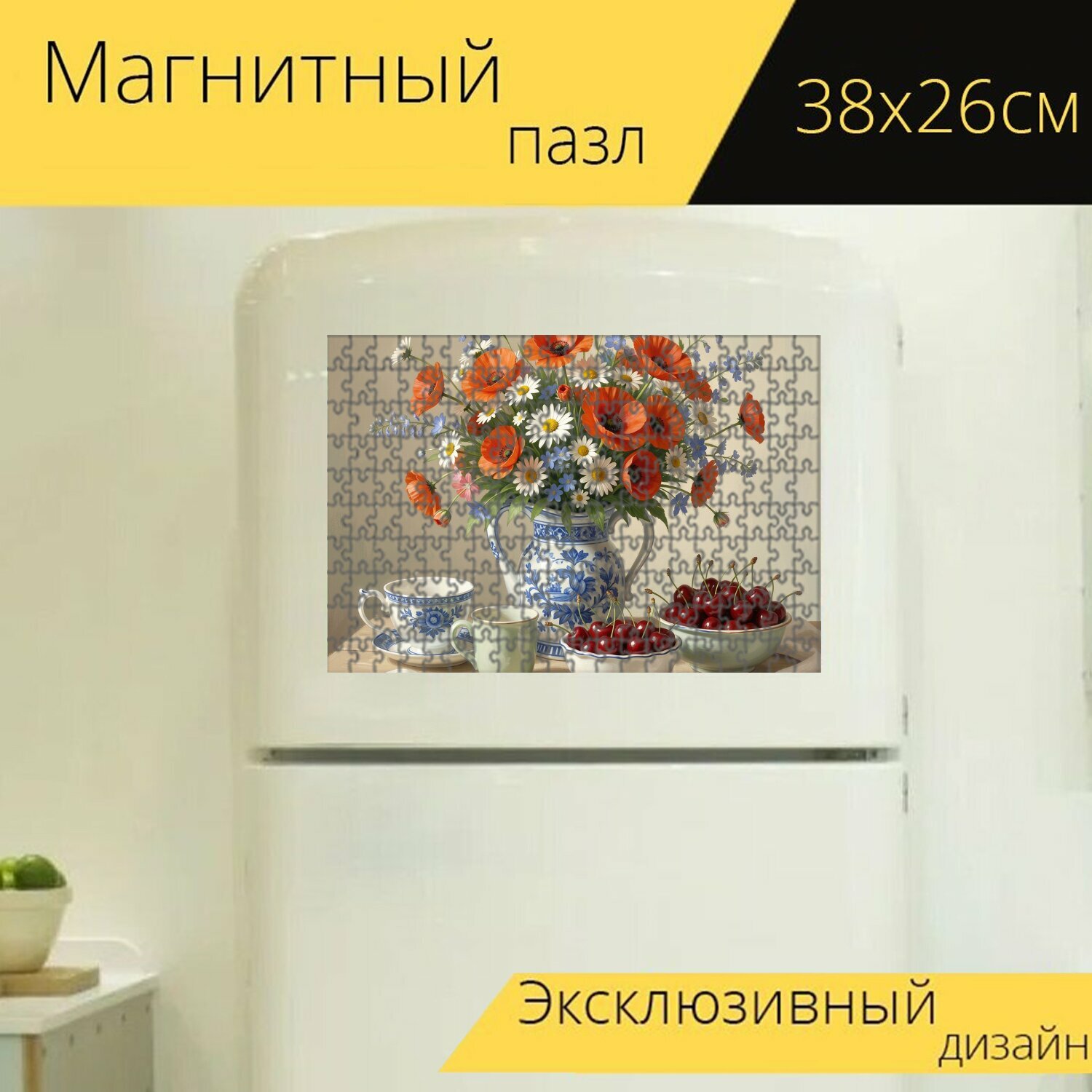 Магнитный пазл "Букет полевых цветов и черешня. Натюрморт в нежных пастельных тонах: фарфоровый кувшин с яркими маками, ромашками и голубыми цветами, рядом." для интерьера, 38х26 см.