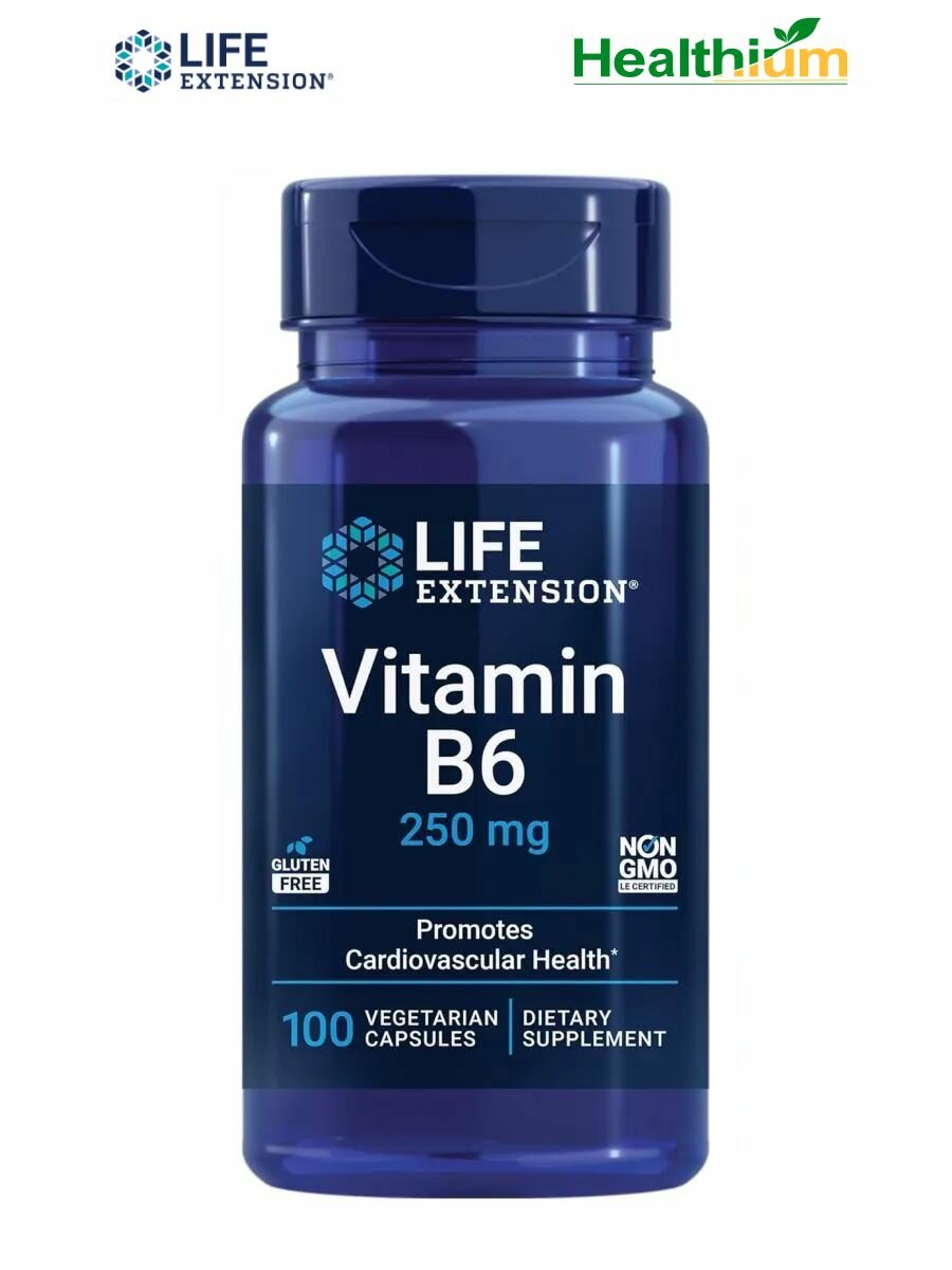 Life Extension Vitamin B6 250мг 100 капсул Витамины группы B, Витамин В6 250 мг Vitamin B-6 (пиридоксин), поддержка здоровья нервной системы и сердца, против стресса