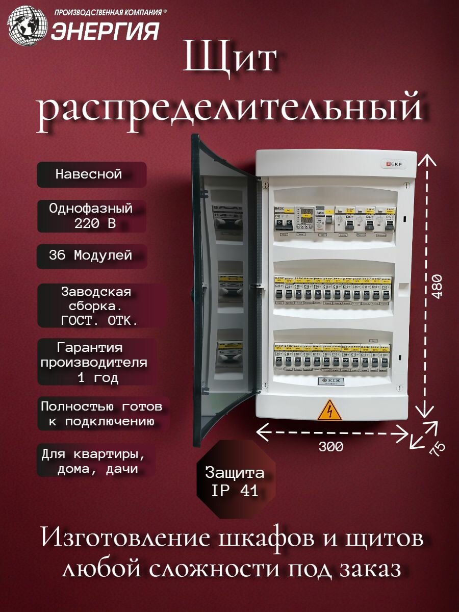 Щит распределительный в сборе, 36 модулей, 1-фазный, 220В, навесной, готов к подключению