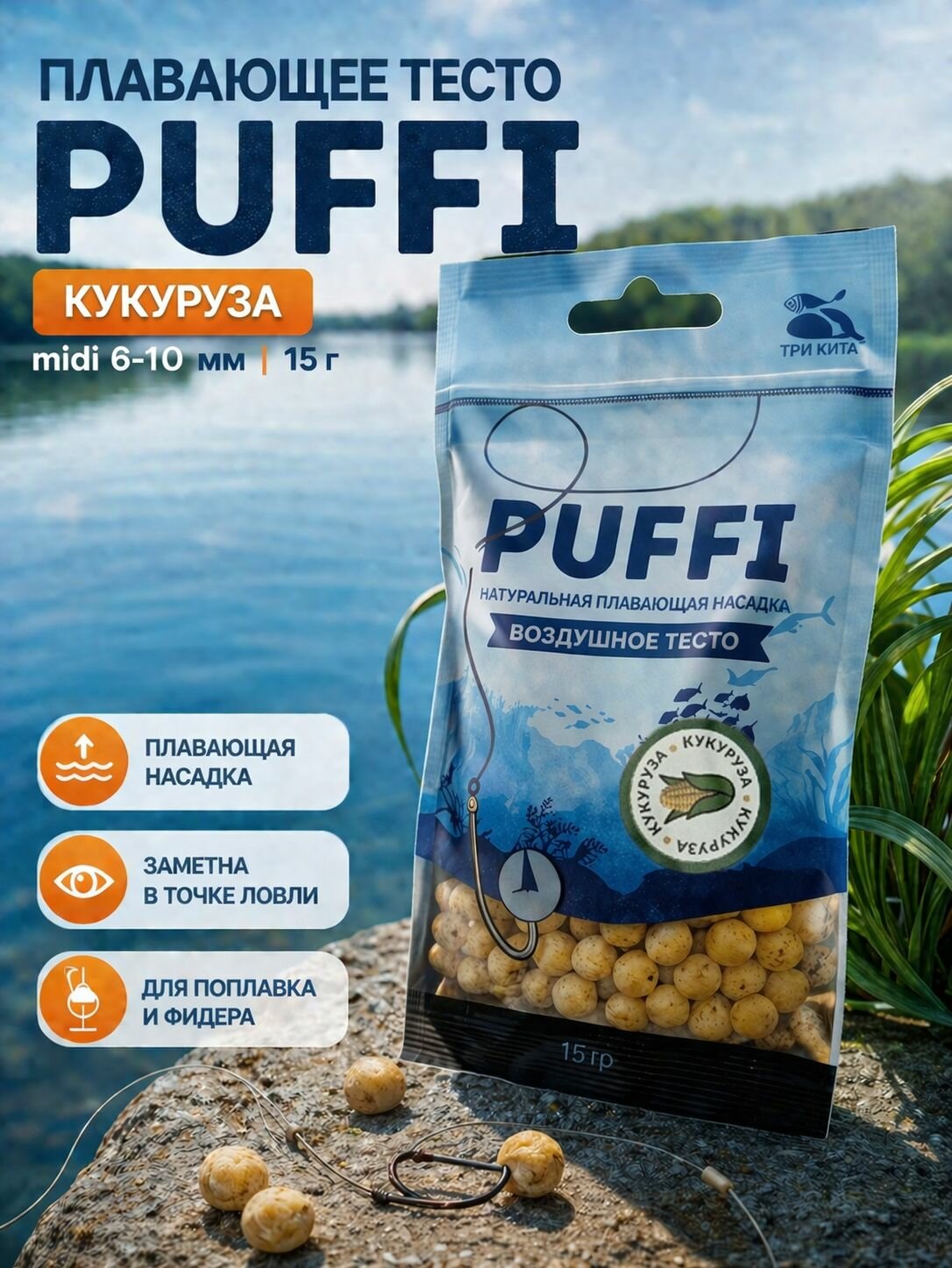 Воздушное тесто для рыбалки PUFFI MIDI, Кукуруза, 15 г - плавающая насадка 6-10 мм для карася, карпа, леща