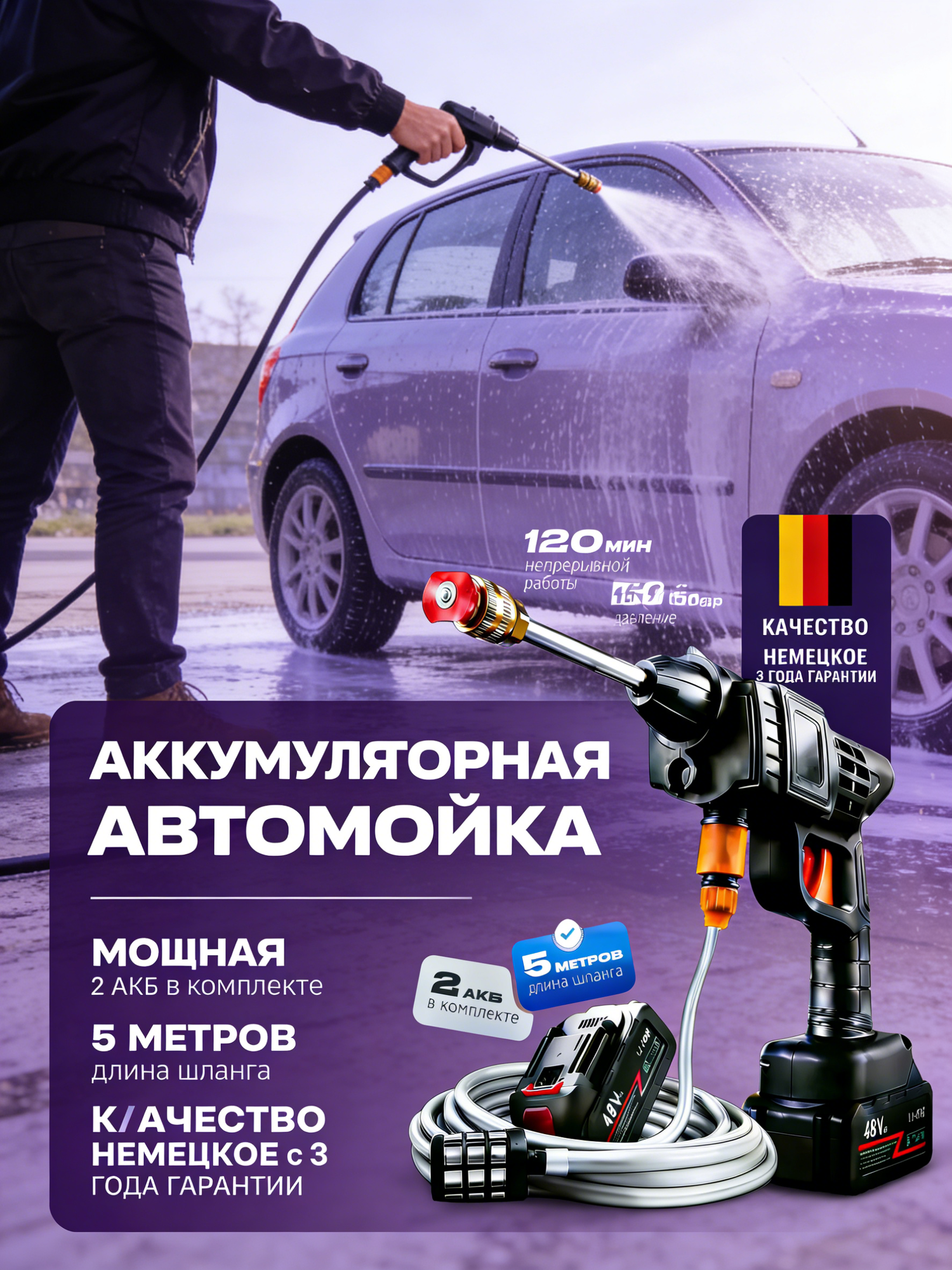 Аккумуляторная автомойка , высокого давления, для автомобиля, в кейсе 2 аккумулятора, минимойка с пистолетом