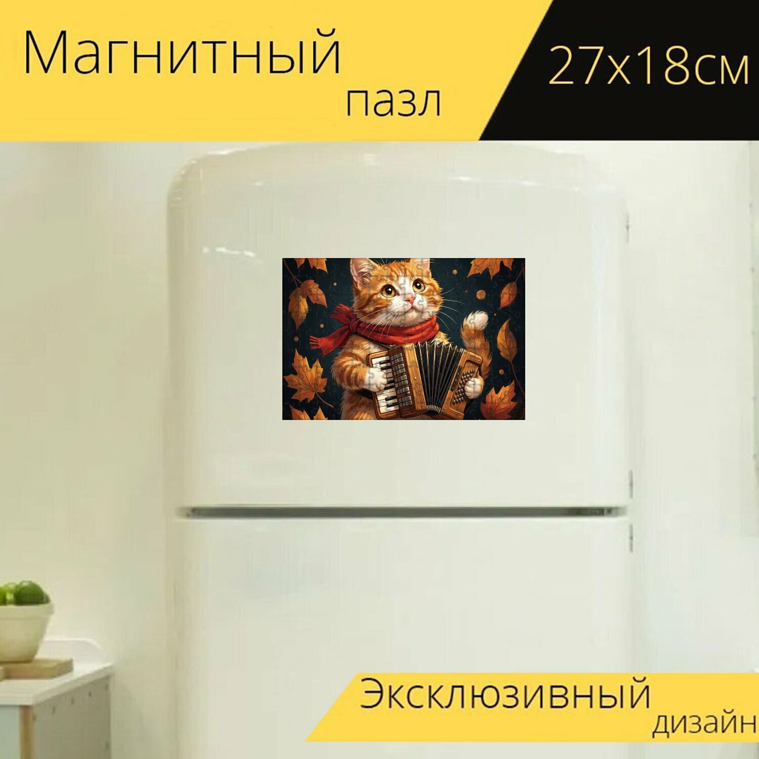 Магнитный пазл "Рыжий кот с аккордеоном. Милый пушистый котенок в красном шарфе играет на баяне среди осенних кленовых листьев. Сказочная иллюстрация в." на холодильник 27 x 18 см.
