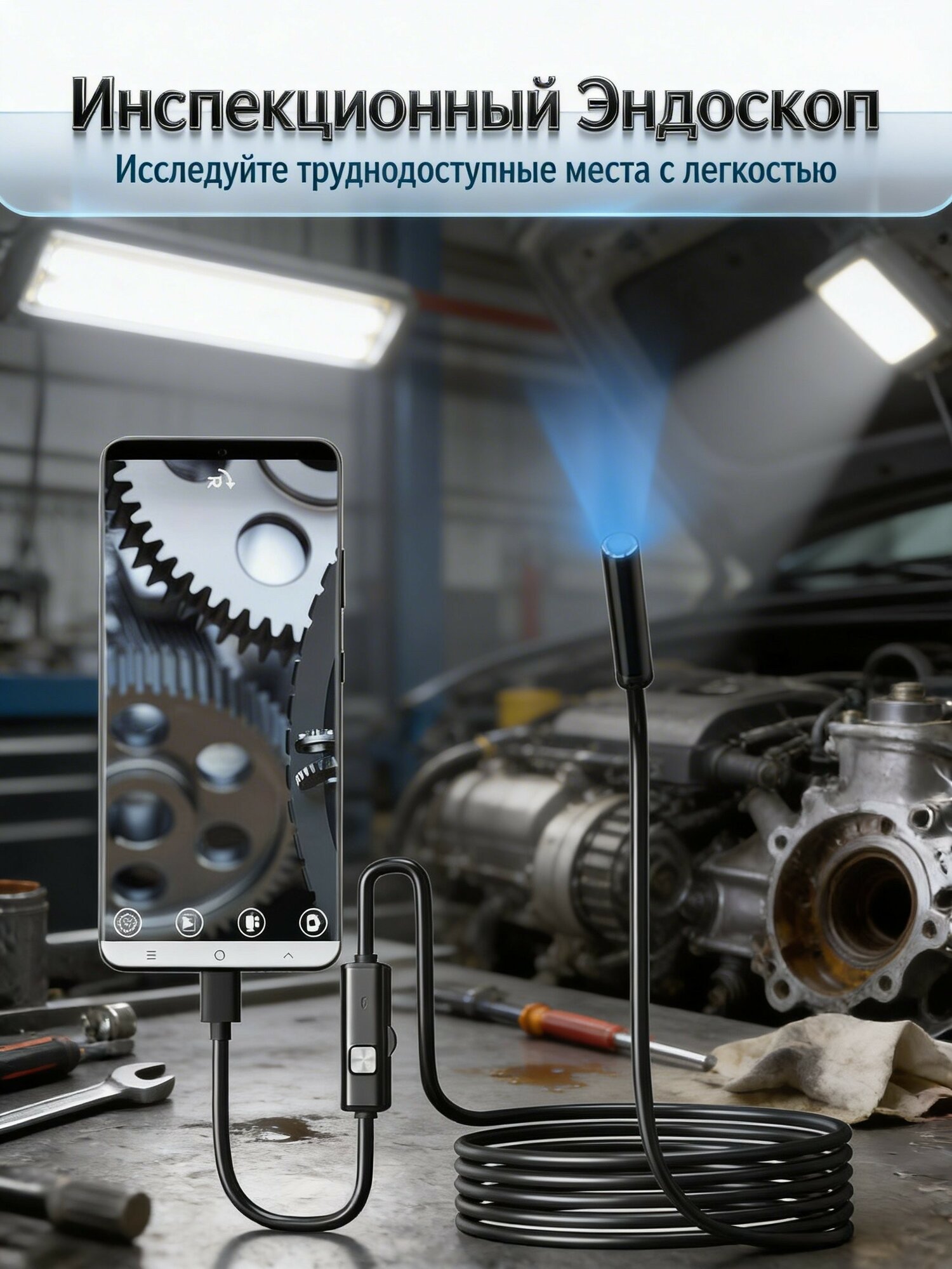 Бороскоп-камера для инспекции, USB-эндоскоп для осмотра труб и ремонта автомобилей с регулируемой подсветкой и широкой совместимостью с мобильными устройствами