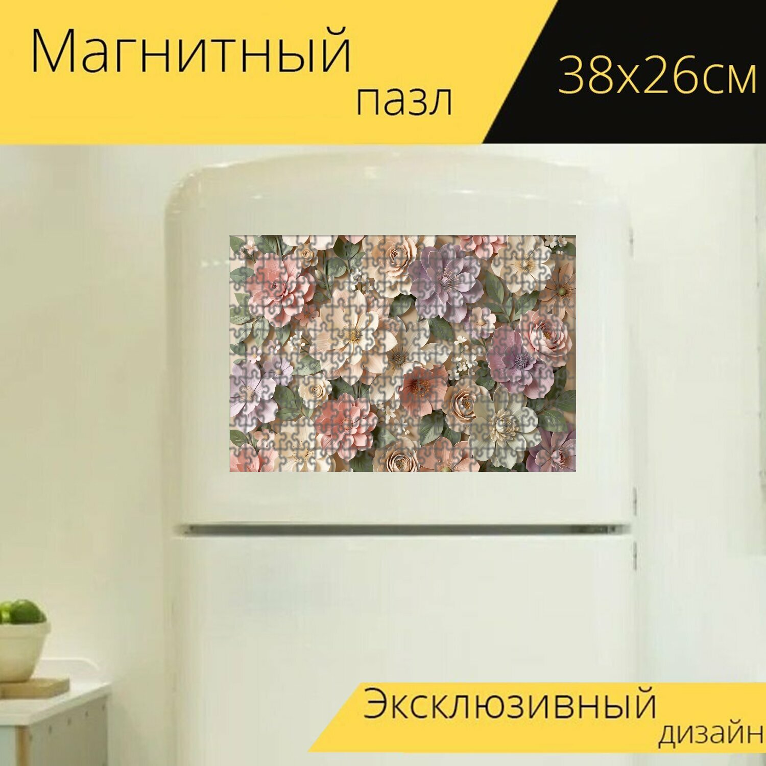 Магнитный пазл "Нежные пастельные бумажные цветы. Объемная флористическая композиция в 3D стиле с розами, пионами, ромашками и листьями. Пудровые, кремовые." для интерьера, 38х26 см.