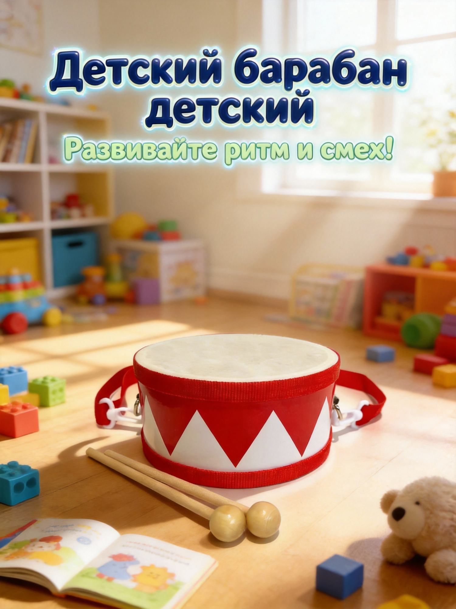 Детский барабан из натурального дерева, музыкальная игрушка для развития ритма, слуха и координации у детей
