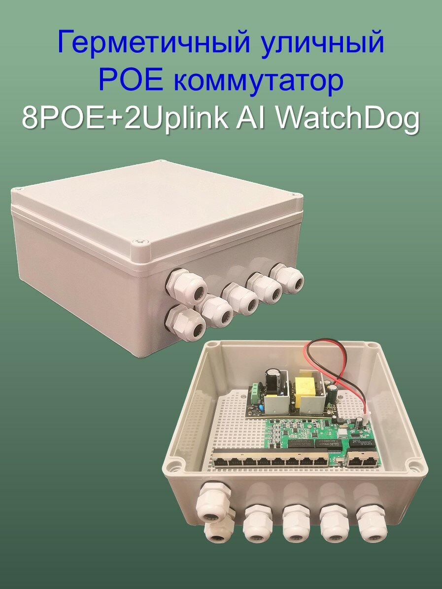 Уличный POE(свитч) 8POE+2Uplink,100 Мбит/с, WatchDog, Бюджет 120 Ватт, switch IC REALTEK
