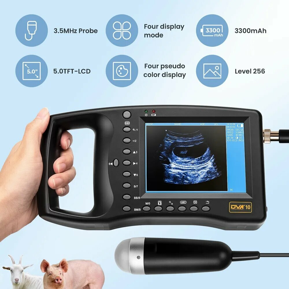 Портативный УЗИ сканер DVK10 для животных, 5.6" экран, 3.5 МГц, 4 режима, диагностика беременности овец, собак, кошек, свиней