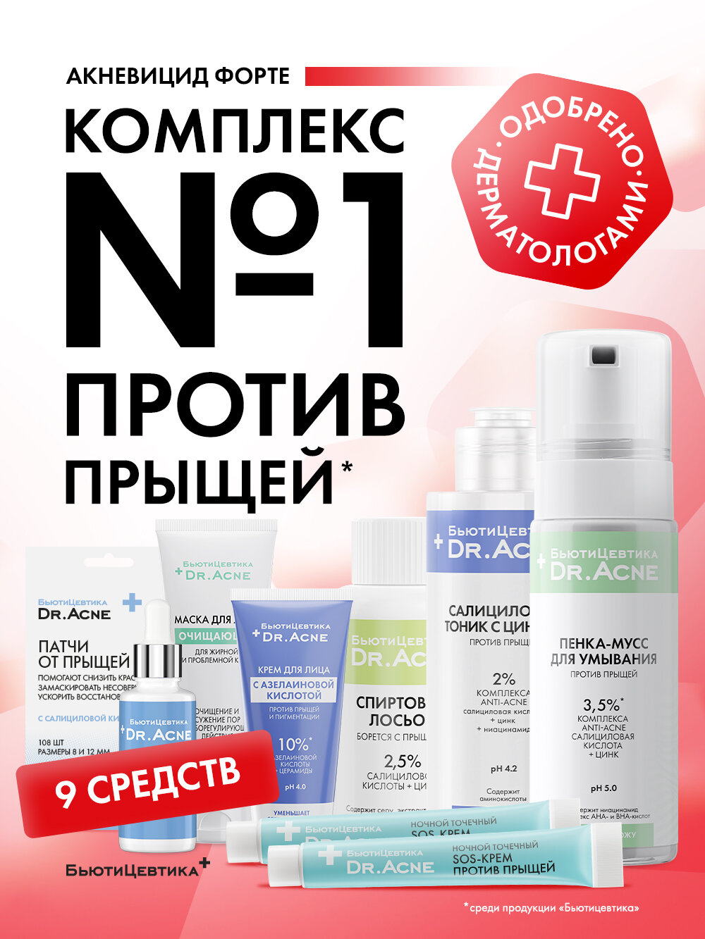 БьютиЦевтика Себорегулирующая сыворотка для лица в комплексе от прыщей черных точек Акневицид Форте - 9 шт.