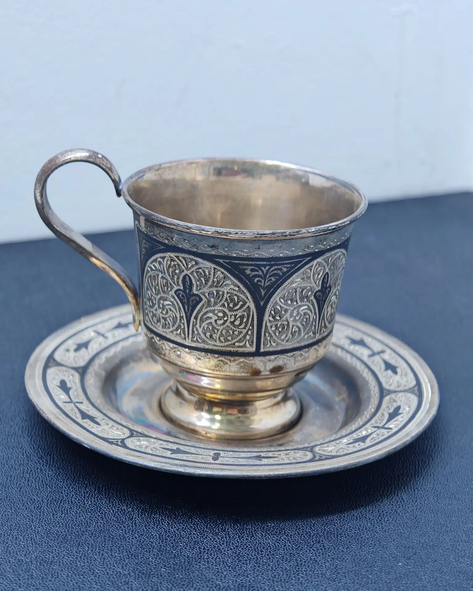 Чайная пара Кубачи, чернение, гравировка, 875 проба, серебро