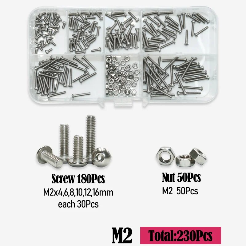 Комплект винтов и гаек YMAX M2 M2.5 M3 M4 из нержавеющей стали 304 230pcs M2