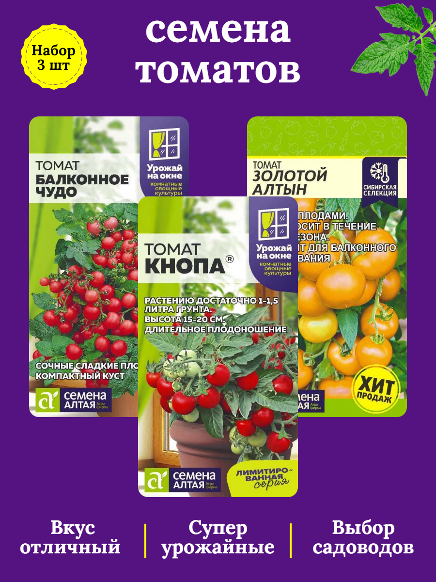 Томат Кнопа, Балконное Чудо, Золотой Алтын. Набор 3 шт. Урожай на Окне.