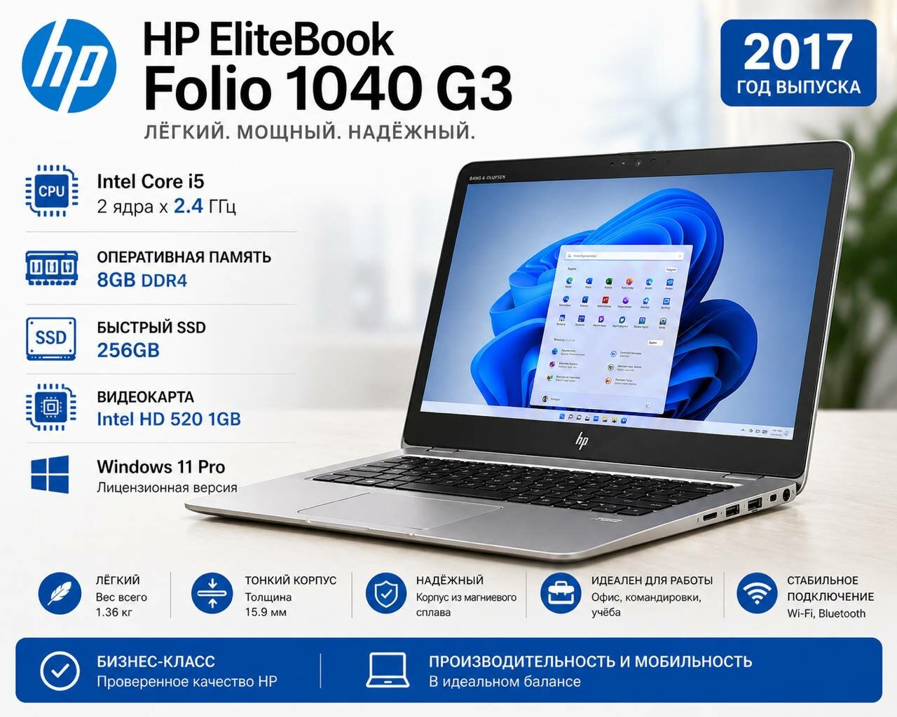 Ноутбук HP EliteBook Folio 1040 G3 2017 Core i5 2 ядра x 2.4Ггц / ОЗУ 8Gb / SSD 256Gb / Intel HD 520 1Гб / Windows 11 Pro