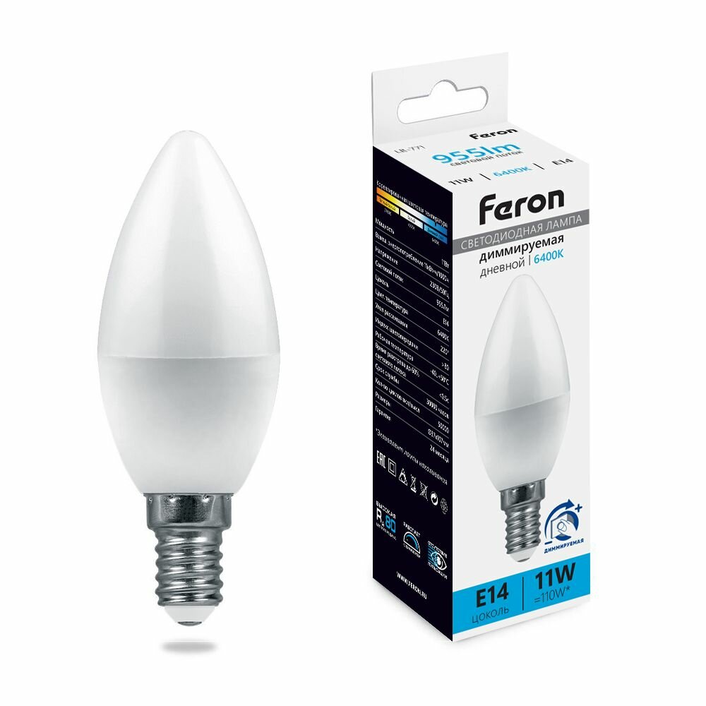 Лампа светодиодная диммируемая Feron LB-771 Свеча E14 11W 230V 6400K 51057. 10 шт