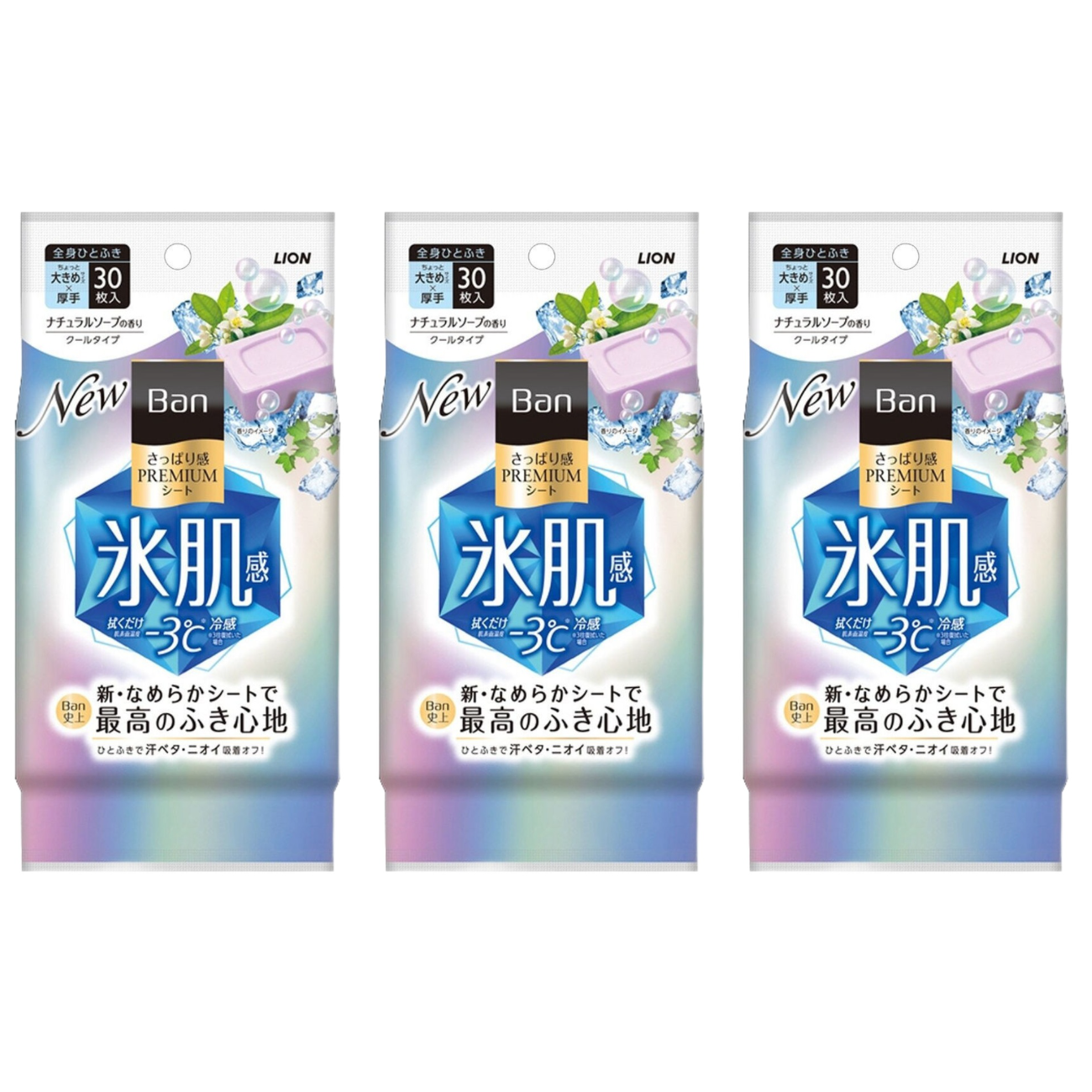 Дезодорант Lion для тела в форме салфеток, Ban Premium Refresh Shower Sheets, Цветочное мыло, 30 штук, 3уп