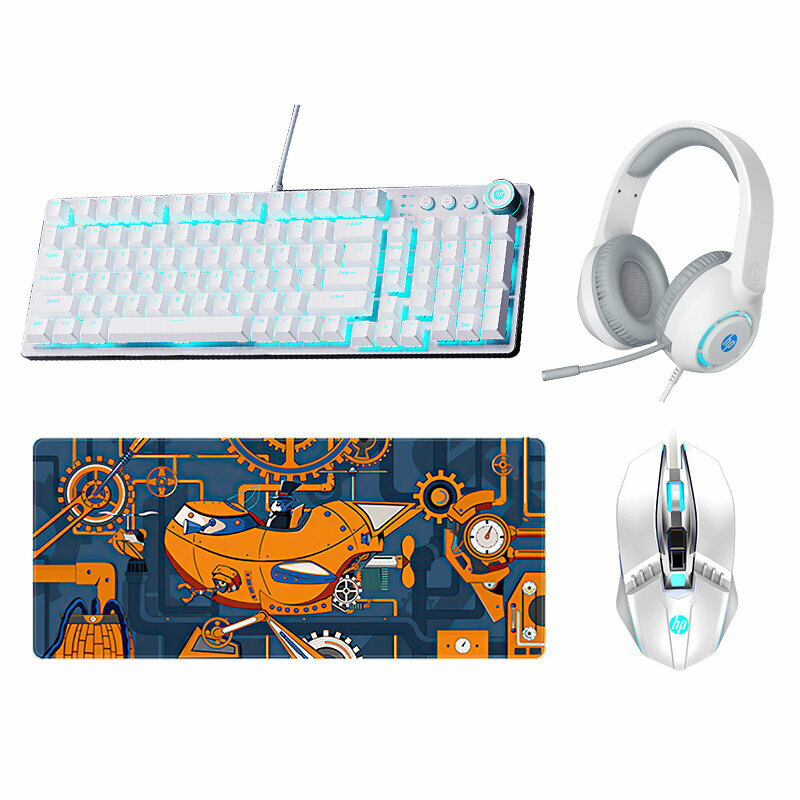 Клавиатура унисекс HP, [Super God Four-Piece Set]GK 100 S Silver White+Mouse White+Headband Headphones White+Mouse Pad