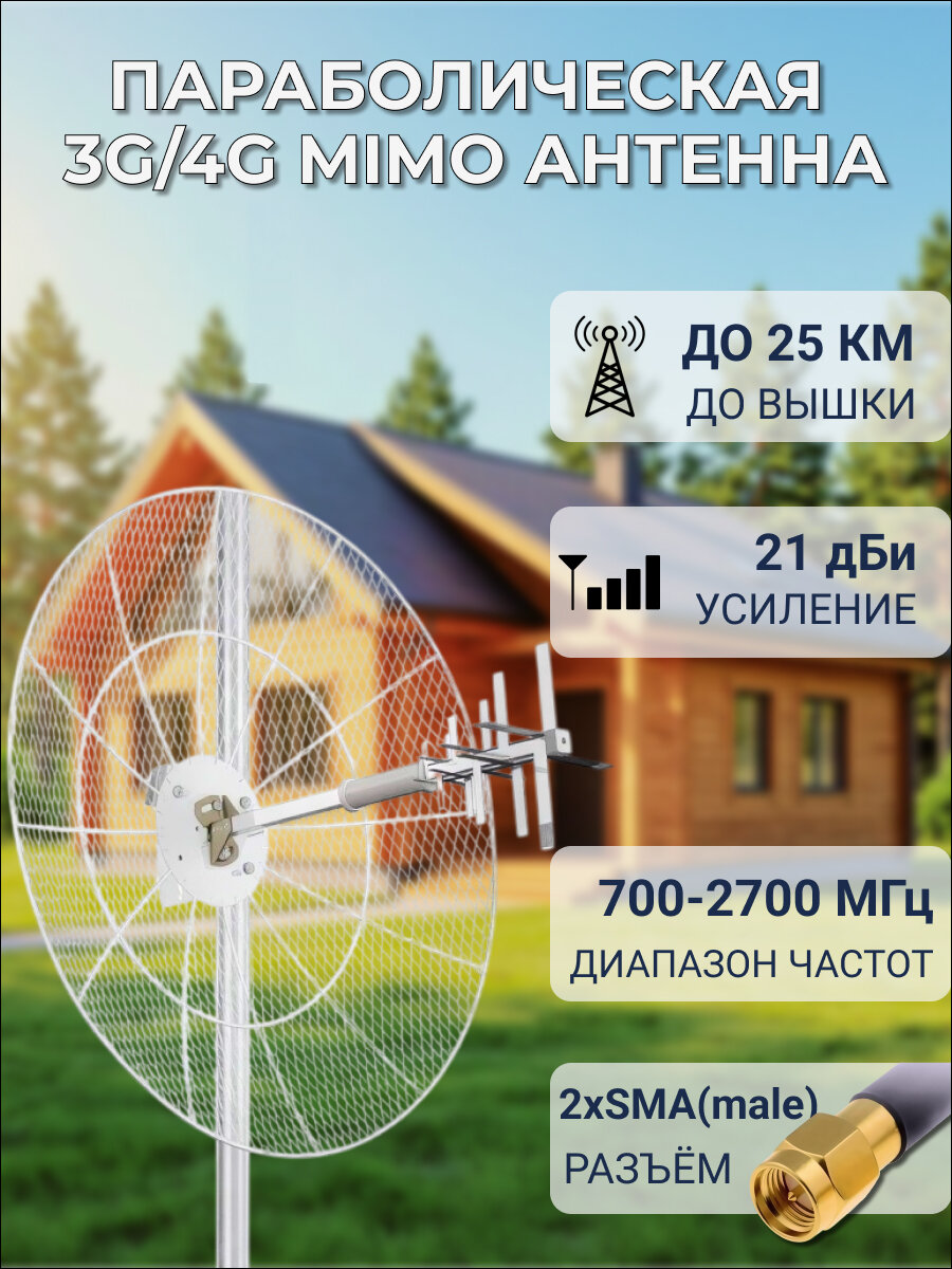 Антенна параболическая MIMO 700-2700 МГц, 21 дБ, KROKS KNA21-700/2700 (SMA-male)