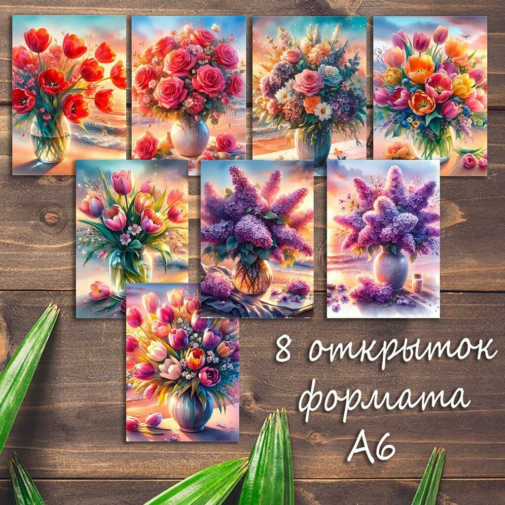 Большой набор открыток Цветы, 8 штук