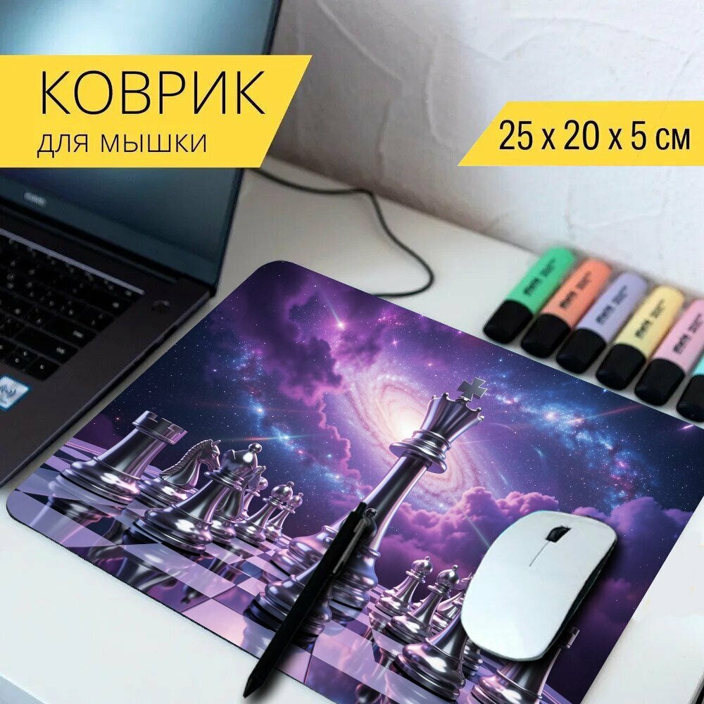 Коврик для мыши с принтом "Шахматная партия в космосе. Металлические фигуры на клетчатом поле на фоне туманности, звёзд и яркой галактики. Фиолетово-синие оттенки." 25x20см.