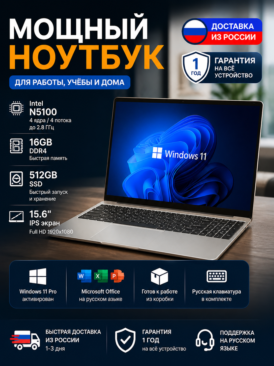 Ноутбук 15.6" IPS / 16GB RAM / 512GB SSD / Для работы и учебы / Русская клавиатура