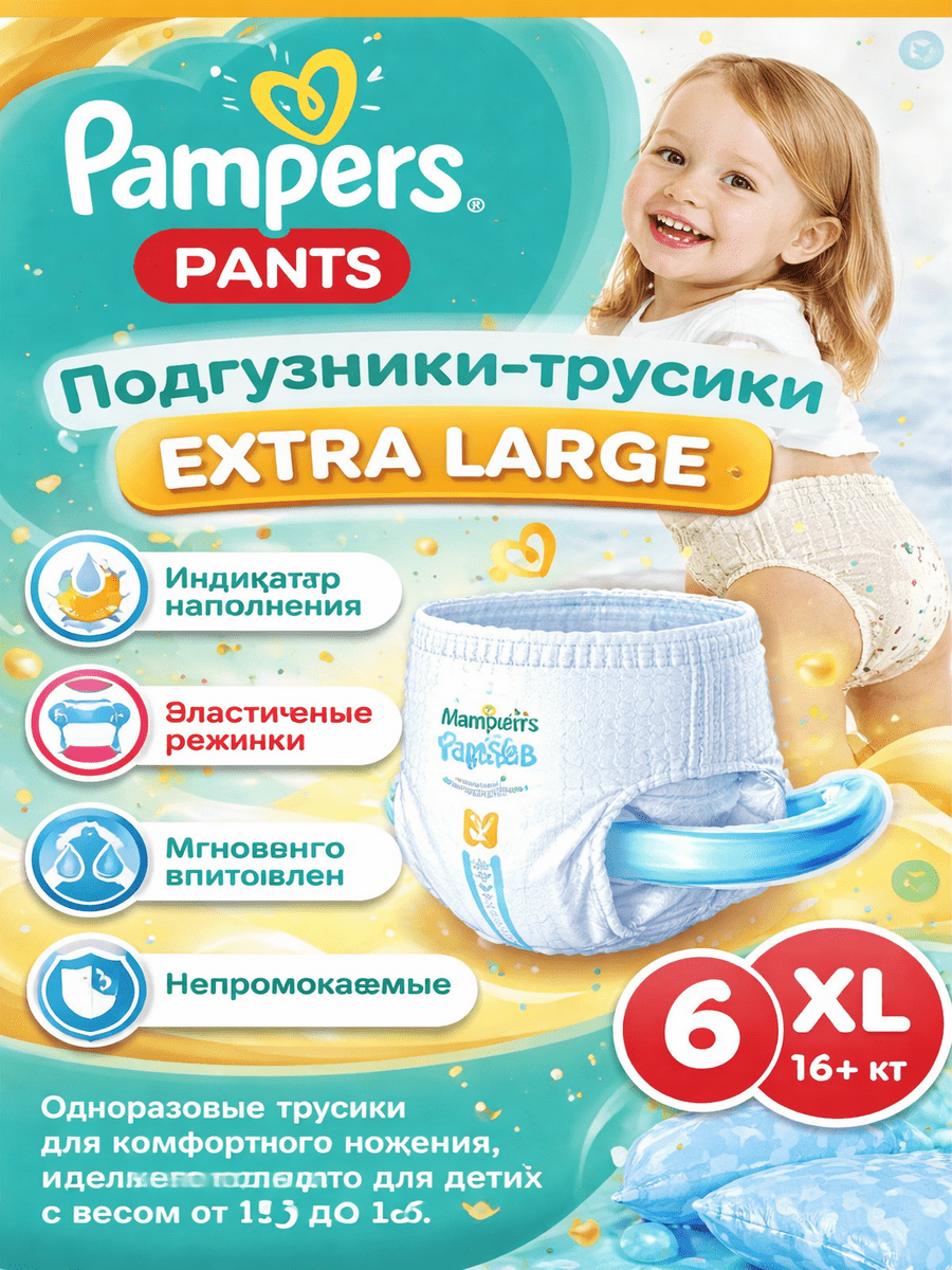 Подгузники-трусики Pampers Pants extra large 6 размер 16+кг, 38шт