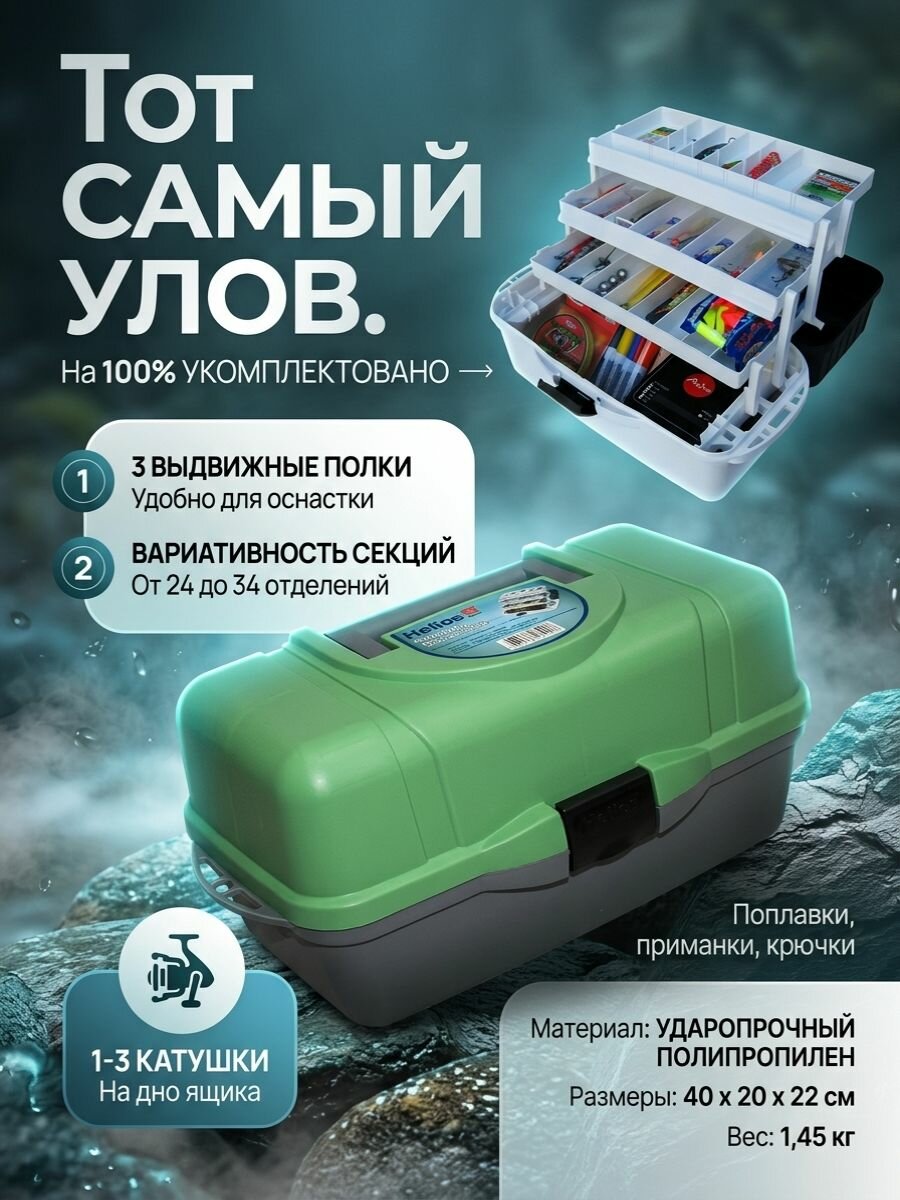 Ящик рыболова "Helios", трехполочный, цвет: зеленый
