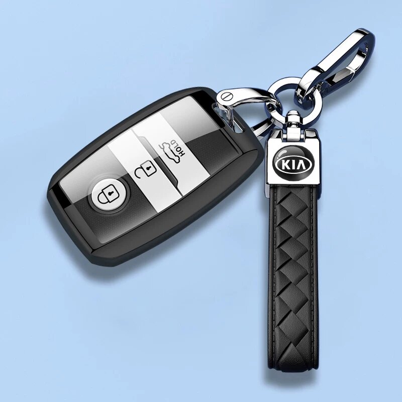 Ключевой брелок для Kia KX CROSS с кожаным креплением, черный, 2017-2019 гг, премиальная декоративная цепочка