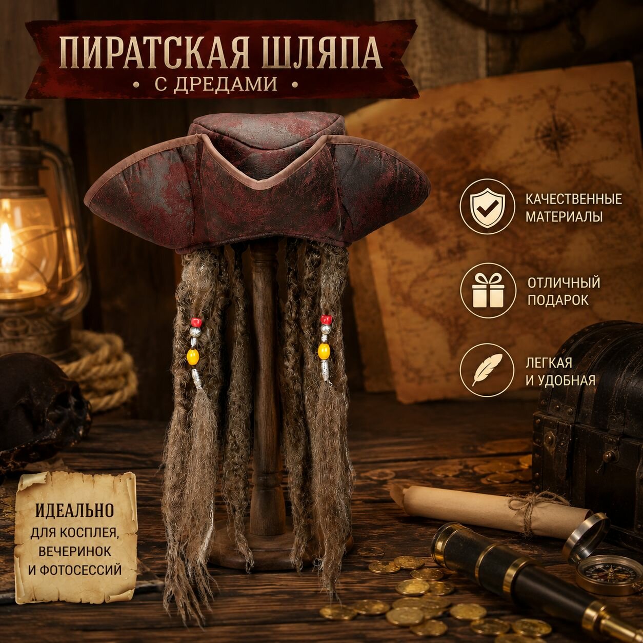 Шляпа пирата треуголка "Джек Воробей" пиратская, цвет коричневый