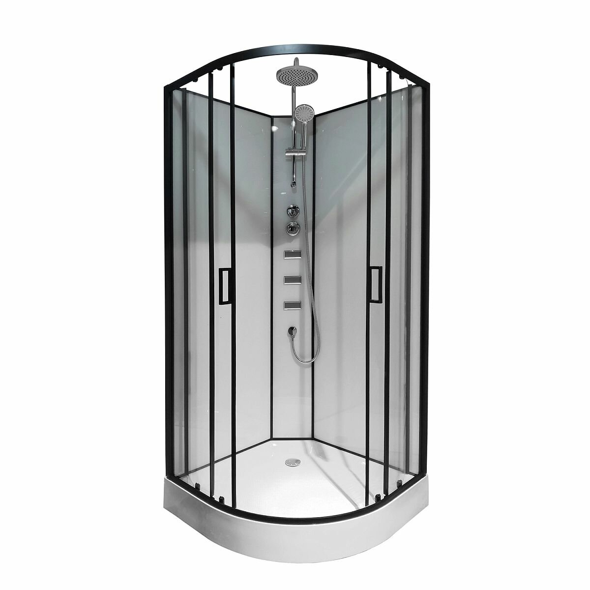 Душевая кабина Loranto NEO 100x100x205 с низким поддоном 15 см, прозрачное закаленное стекло 5 мм, задние стеклянные стенки белые, профиль черный-матовый (CS-21811-100)