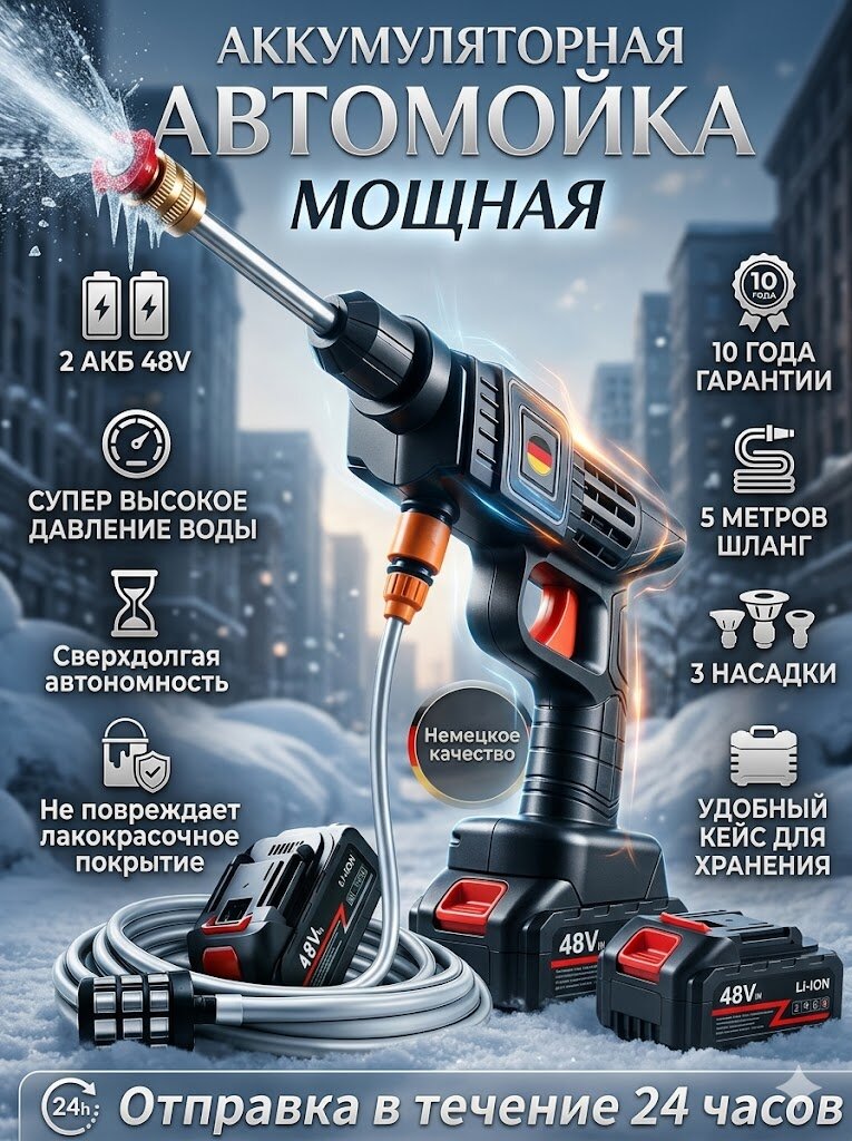 Мойка высокого давления аккумуляторная для автомобиля, Автомойка, в кейсе 2 аккумулятора, 3 насадки