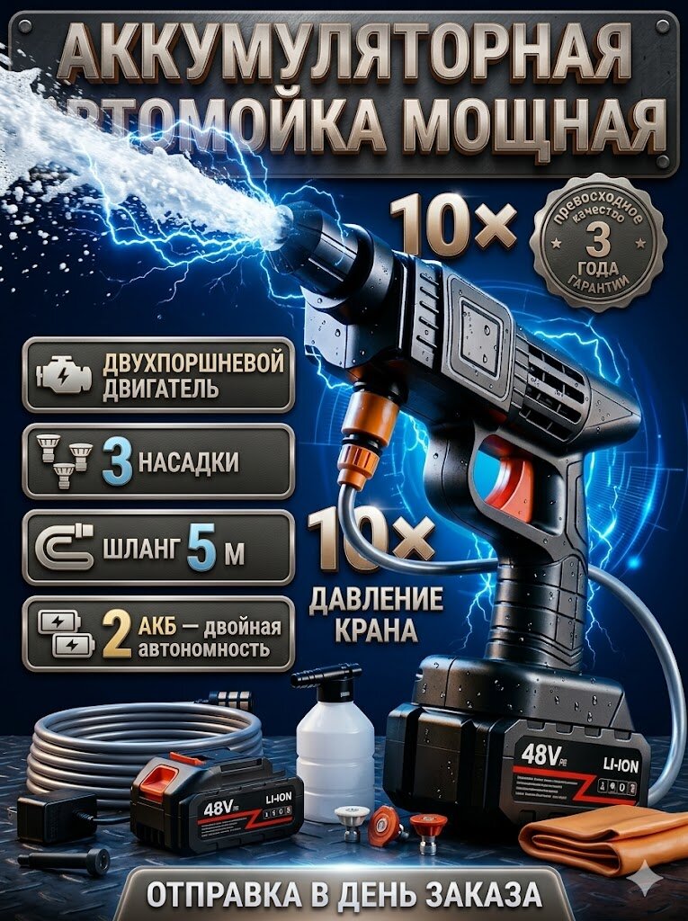 Мойка высокого давления аккумуляторная для автомобиля, Автомойка, в кейсе 2 аккумулятора, 3 насадки
