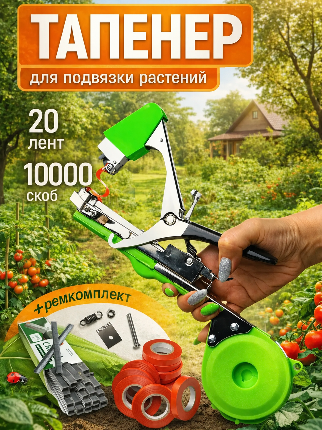Садовый тапенер для подвязки растений, 20 лент и 10000 скоб в комплекте