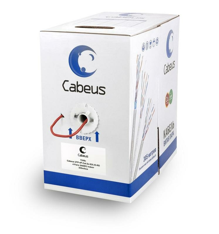 Кабель витая пара U/UTP кат.5E 4х2х24AWG solid PVC нг(А)-LS UTP-4P-Cat.5e-SOLID-RD красн. (уп.305м) Cabeus 7249c