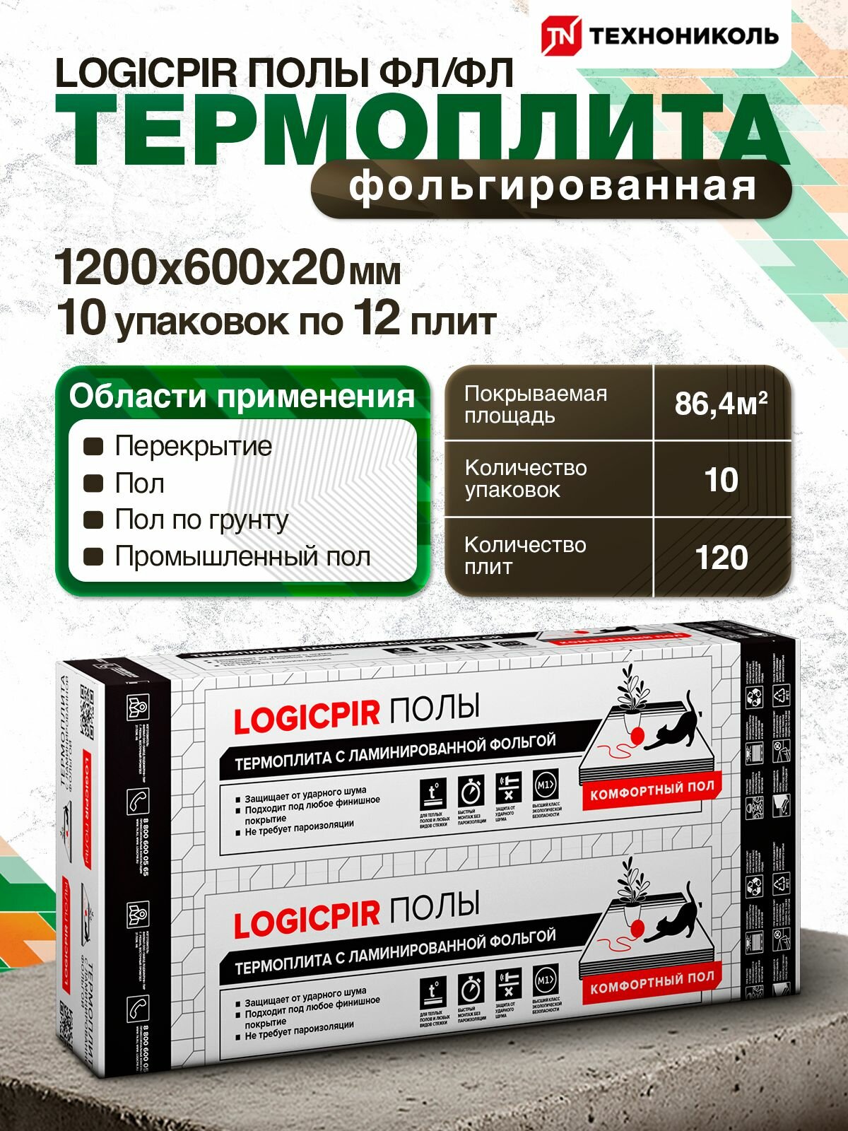 Утеплитель для пола фольгированный плиты PIR (пир) теплоизоляции LOGICPIR Полы ФЛ/ФЛ 1200х600х20 комплект из 10 упаковок 120 плит 86.4 м2
