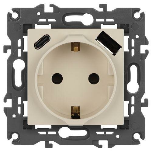Розетка 1-м СП Elegance 14-4108-02 16А 250В 2P+E с USB type-A+C 5В-3А защ. шторки сл. кость Эра Б0067725