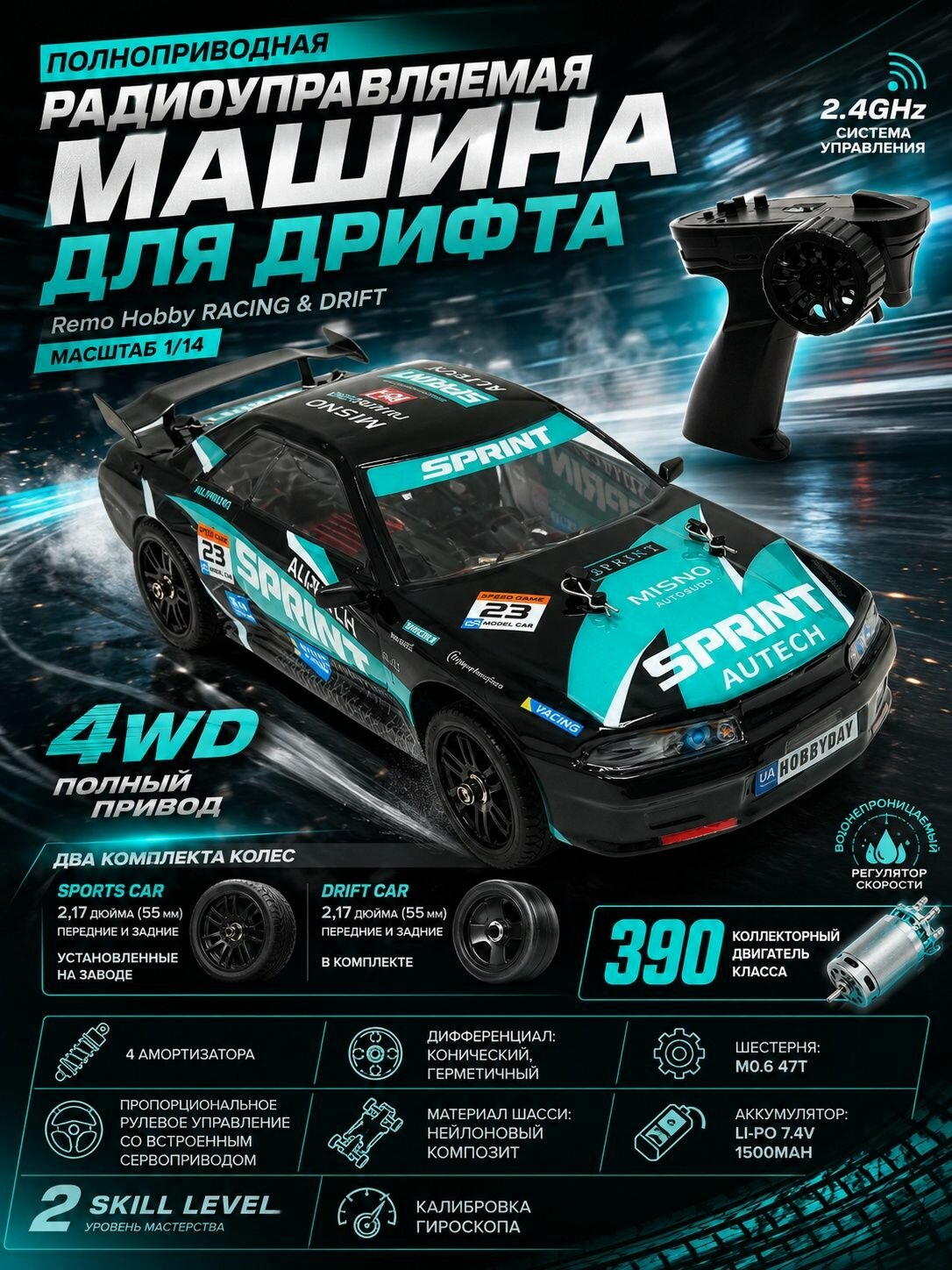Радиоуправляемая машина для дрифта Remo Hobby RACING & DRIFT (черно-зеленая) 4WD 2.4G 1/14 RTR - RH1411-NBG