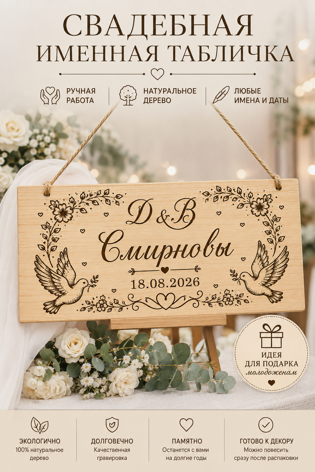 Свадебная табличка именная 40×20 см — фамилия и дата свадьбы, подарок молодоженам на свадьбу, массив сосны