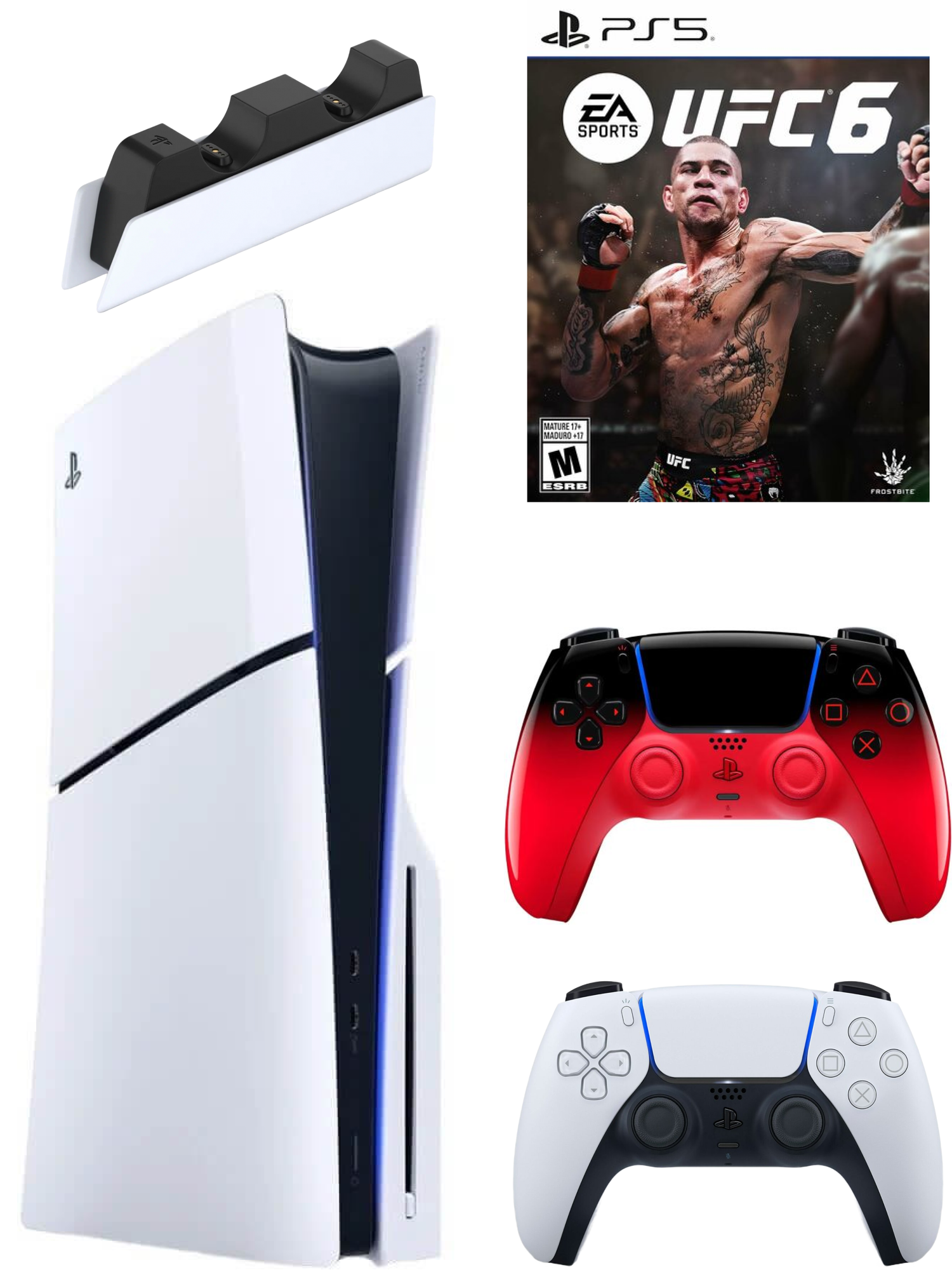 Игровая приставка Sony PlayStation 5 Slim, 1ТБ(с дисководом), 2й геймпад (techno red) + Зарядная станция + UFC 6